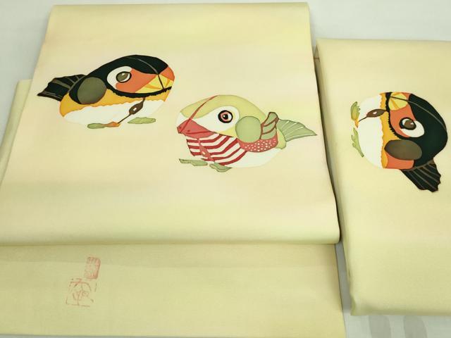 平和屋着物■極上　虹色創家　本郷大田子　塩瀬　つけ帯　鳥　逸品　DZAA7526kh5
