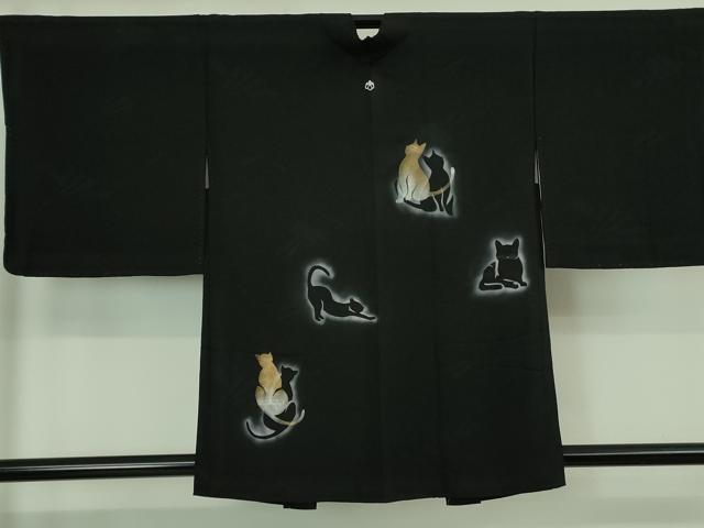 平和屋着物■極上　羽織　猫シルエット　ネコ　黒地　金彩　逸品　DZAA7551kh5
