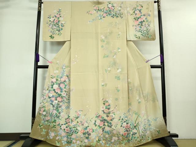 平和屋本店■極上　訪問着　友禅　花鳥文　暈し染め　砂色地　金彩　逸品　未使用　DZAA7557kh5