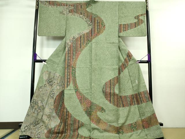 平和屋着物■極上　訪問着　紬地　ロング丈　作家物　更紗花文　逸品　DZAA7590kh5