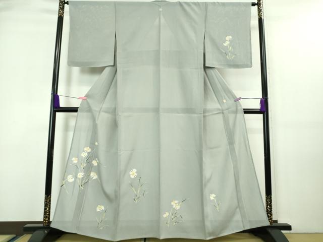 平和屋着物■極上　夏物　訪問着　友禅　作家物　駒刺繍　サギソウ　灰青色地　金彩　逸品　未使用　DZAA7627kh5