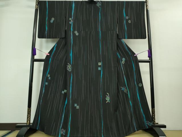 平和屋着物■極上　小紋　単衣　亀甲　七宝　間道　黒地　逸品　DZAA7630kh5