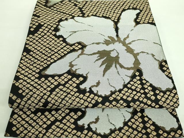 平和屋着物■極上　世界的人形師　辻村寿三郎　ジュサブロー　六通柄袋帯　鹿の子花文　黒地　金糸　逸品　DZAA7705kh5
