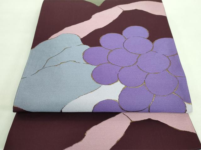 平和屋着物■極上　世界的人形師　辻村寿三郎　ジュサブロー　六通柄袋帯　葡萄蔦の葉　濃い暗紅色地　金糸　逸品　DZAA7706kh5