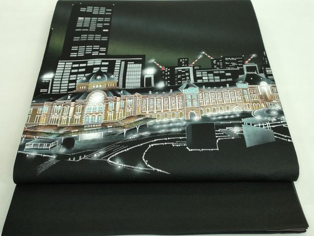 平和屋着物■極上　太鼓柄袋帯　東京駅　手描き　ラインストーン　黒地　逸品　DZAA7712kh5