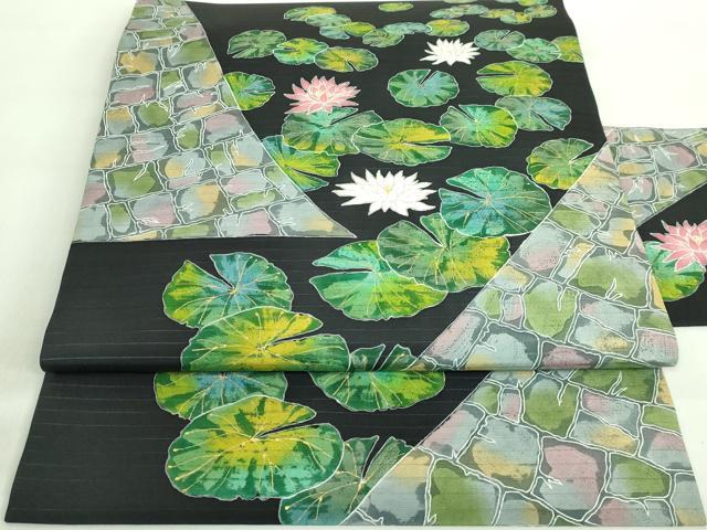 平和屋本店■極上　夏物　手描き友禅作　腰原淳策　絽塩瀬　九寸名古屋帯　蓮　黒地　金銀彩　逸品　DZAA7747kh5