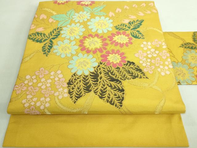 平和屋着物■極上　洛風林　工芸帯地　九寸名古屋帯　草花文　濃い支子色地　金銀糸　逸品　DZAA7750kh5