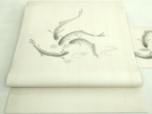 平和屋着物■極上　夏物　絹芭蕉　九寸名古屋帯　作家物　手描き　ドジョウ　砥粉色地　逸品　DZAA7756kh5