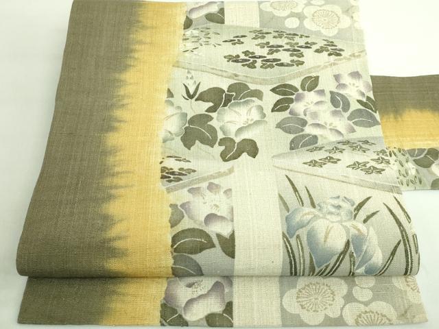 平和屋本店■極上　摺型友禅　京都　多ち花　九寸名古屋帯　生紬地　四季花文　逸品　DZAA7758kh5