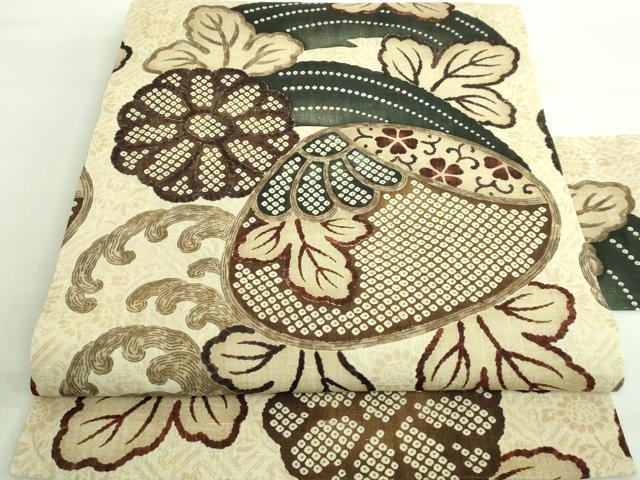 平和屋本店■極上　夏物　摺型友禅　京都　多ち花　九寸名古屋帯　生紬地　微古貝に菊　逸品　DZAA7768kh5