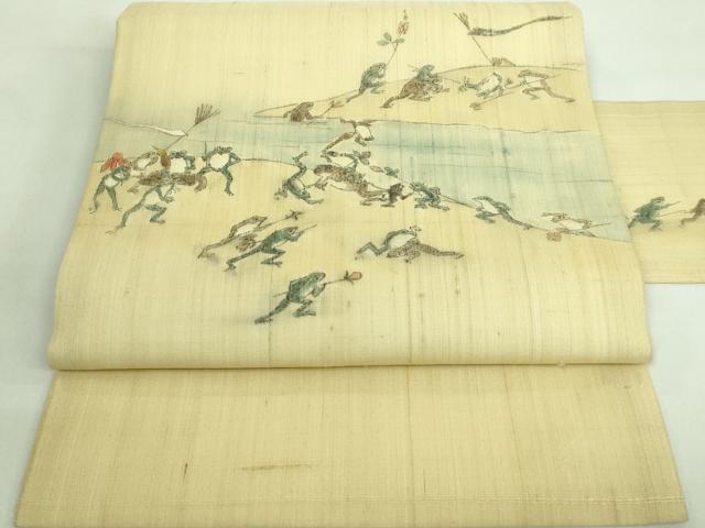 平和屋着物■極上　夏物　九寸名古屋帯　手描き　鳥獣戯画　麻　逸品　DZAA7773kh5