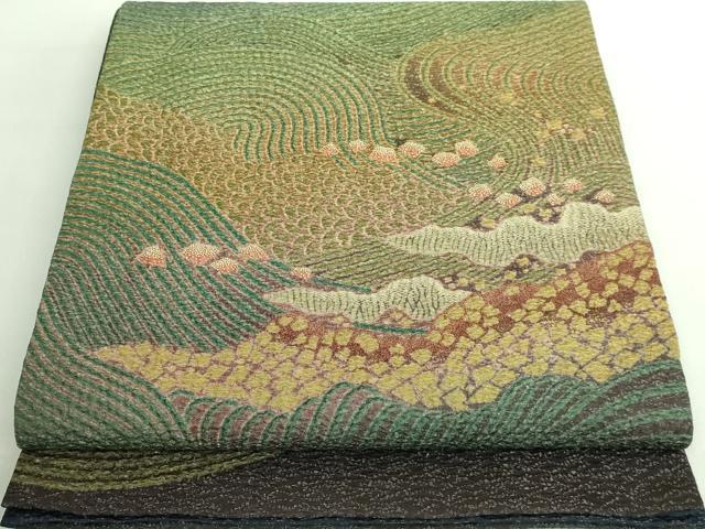 平和屋着物■極上　十日町　名門　滝泰謹製　太鼓柄袋帯　相良刺繍　箔散らし　おぼろ染　銀通し地　逸品　DZAA7786kh5