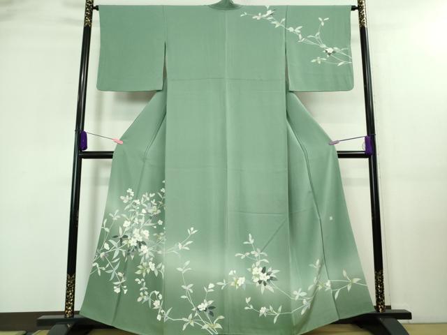 平和屋着物■極上　訪問着　友禅　作家物　枝花文　暈し染め　千草色地　逸品　DZAA7908kh5