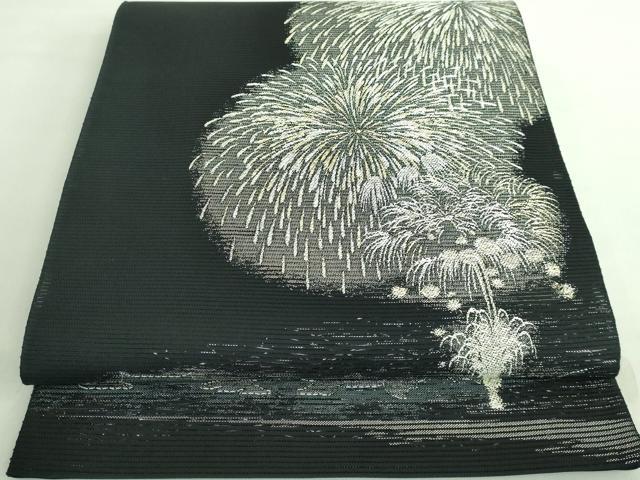 平和屋着物■極上　夏物　西陣　長嶋成織物　ながしま帯　太鼓柄袋帯　宇治川　花火　黒地　金銀糸　逸品　DZAA7950kh5