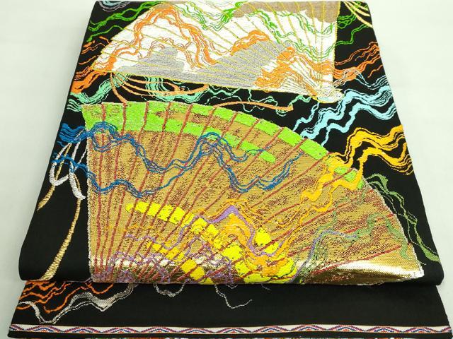 平和屋本店■最高級　龍村平蔵製　太鼓柄　本袋帯　源氏扇　黒地　金銀糸　逸品　DZAA7967kh5