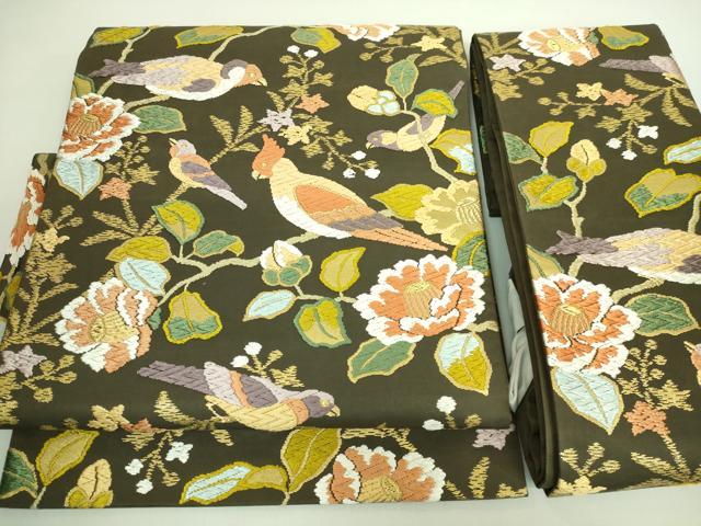 平和屋着物■極上　西陣　河合美術織物謹製　つけ帯　唐織　手織　能衣錦　花鳥文　媚茶色地　本金箔　逸品　DZAA7989kh5