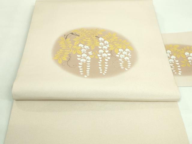 平和屋着物■極上　塩瀬　九寸名古屋帯　手描き　藤花房　丁子色地　金銀彩　逸品　DZAA7990kh5