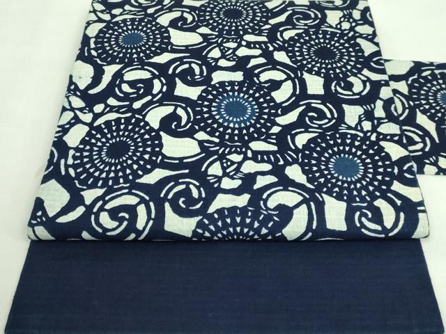 平和屋着物■極上　九寸名古屋帯　本藍　型絵染　菊唐草　綿紅梅　逸品　DZAA7995kh5