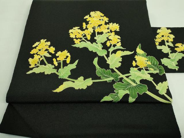 平和屋着物■極上　名門染元　秀美　十日町友禅　九寸名古屋帯　菜の花　黒地　鬼しぼ縮緬　逸品　DZAA7997kh5