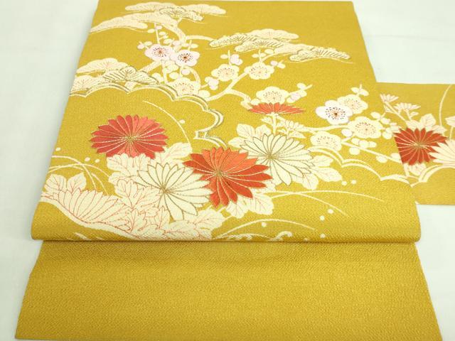 平和屋着物■極上　九寸名古屋帯　駒刺繍　立波花文　山吹茶色地　鬼しぼ縮緬　逸品　DZAA8001kh5