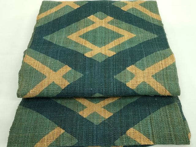 平和屋本店■極上　夏物　八寸名古屋帯　藍　菱重ね　科布　老竹色地　逸品　DZAA8014kh5