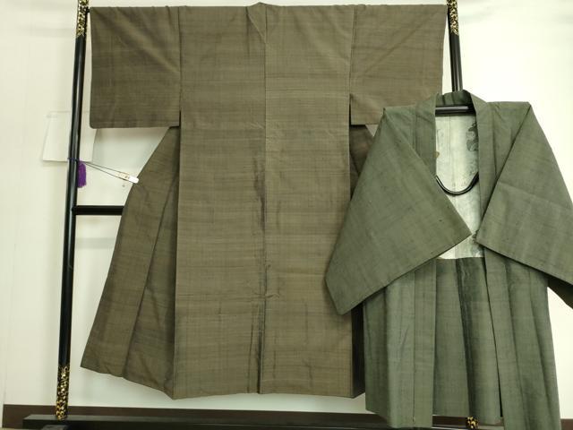 平和屋本店■極上　男性　紬　アンサンブル　長羽織　着物・海松茶色　羽織・千歳茶色　逸品　DZAA8051kh5