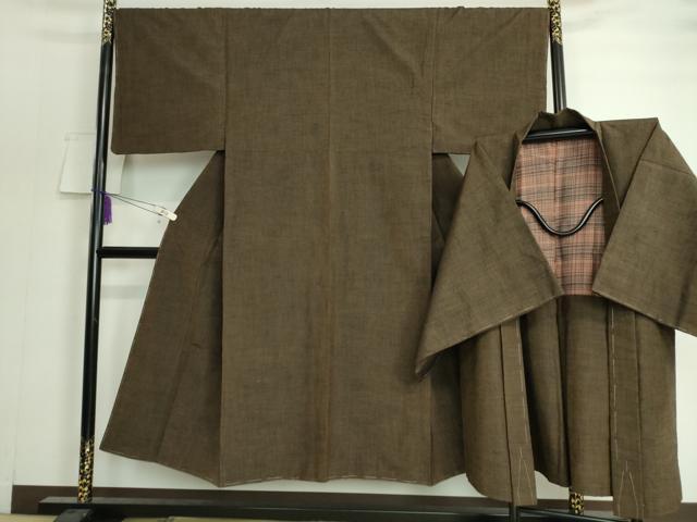 平和屋着物■極上　男性　紬　アンサンブル　長羽織　色無地　栗色　逸品　未使用　DZAA8058kh5