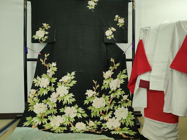 平和屋本店■極上　アンティーク 大正ロマン お引きずり・お引き摺り・訪問着・長襦袢(二部式)セット 牡丹 黒地 金彩  逸品　DZAA8131kh5