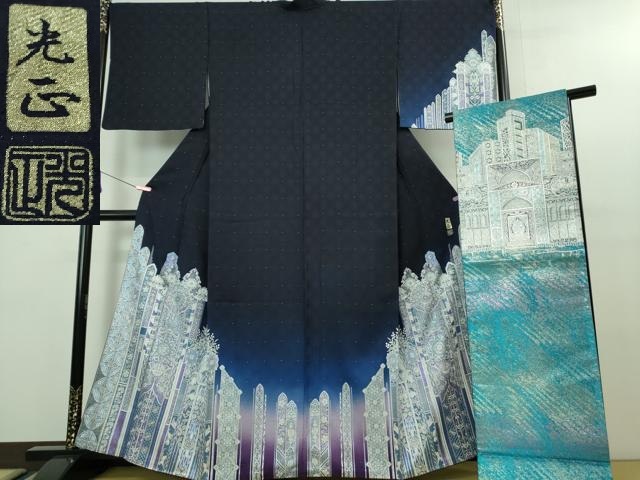 平和屋本店■極上　金彩友禅　卓越技能者・名工・和田光正　訪問着・袋帯セット　濃紺地　暈し染め　銀彩　逸品　DZAA8161kh5