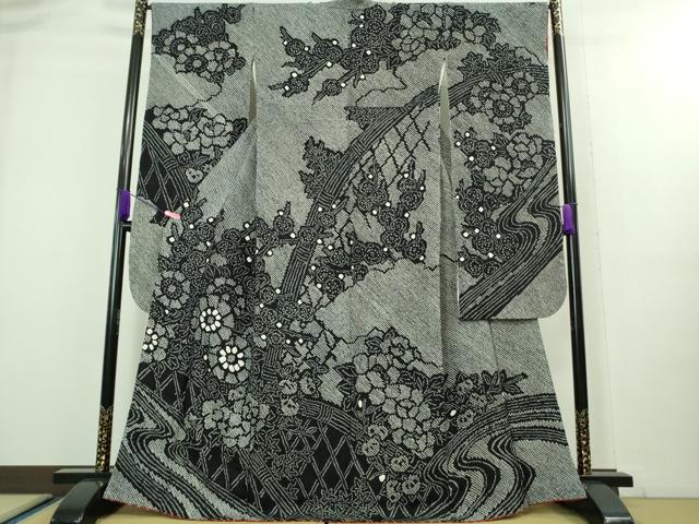 平和屋本店■極上　振袖　総絞り　籬花文　黒地　逸品　DZAA8164kh5