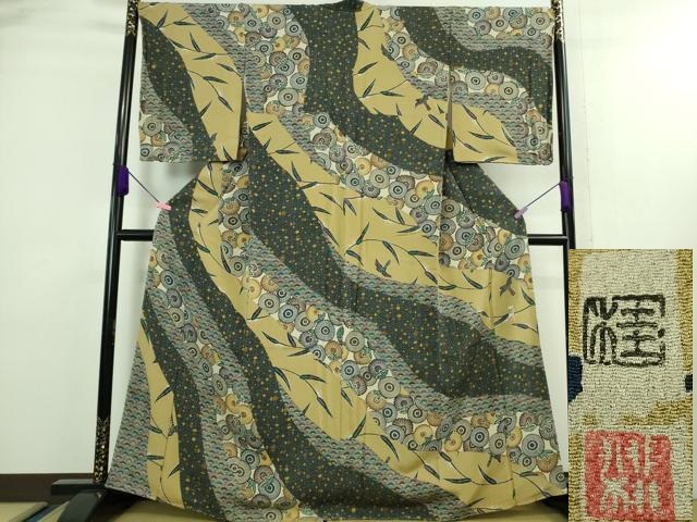 平和屋着物■極上　江戸紅型　五味桂子　訪問着　舞鳥　名物裂菊文　鬼しぼ縮緬　逸品　未使用　DZAA8175kh5