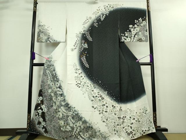 平和屋着物■極上　訪問着　辻が花　暈し染め　白×黒　金彩　逸品　未使用　DZAA8229kh5