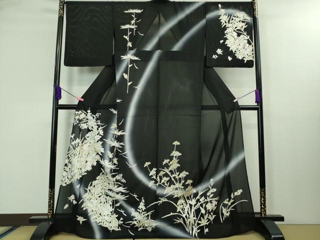 平和屋本店■極上　夏物　訪問着　絽　総刺繍　枝菊　秋草文　黒地　暈し染め　金糸　逸品　未使用　DZAA8248kh5