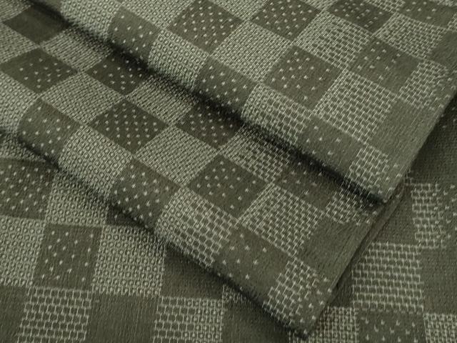 平和屋着物■極上　本塩沢　単衣　変わり市松　海松茶色地　逸品　DZAA8389kh5