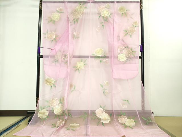 平和屋本店■極上　夏物　お引きずり・お引き摺り・引き振袖　オーガンジー　舞花文　暈し染め　金銀彩　洗える着物　逸品　DZAA8395kh5