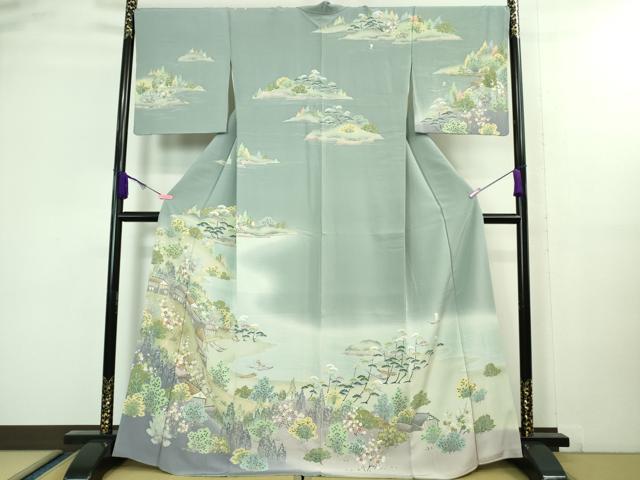 平和屋着物■極上　訪問着　友禅　浜松風景文　暈し染め　秘色色地　逸品　DZAA8399kh5