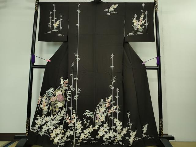 平和屋着物■極上　訪問着　駒刺繍　吉祥花文　暗黒色地　金彩　逸品　DZAA8467kh5