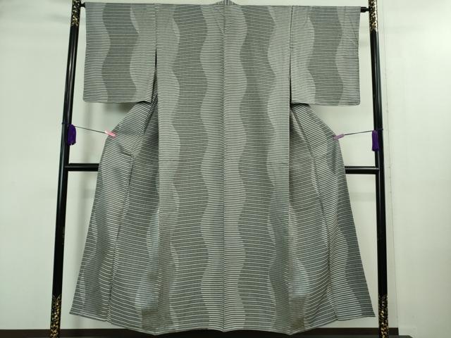 平和屋着物■極上　お召　単衣　よろけ縞　黒地　逸品　未使用　DZAA8496kh5