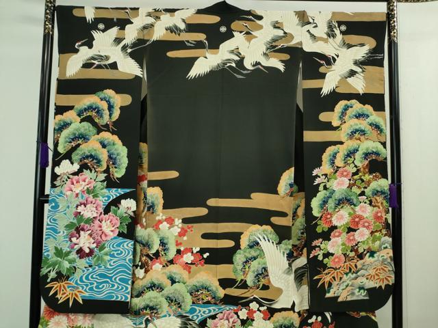 平和屋本店□極上 アンティーク 大正ロマン 振袖 飛鶴吉祥花文 黒地 金彩