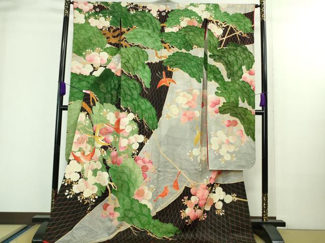 平和屋本店■極上　アンティーク　大正ロマン　振袖　お引きずり・お引き摺り　駒刺繍　飛鶴松桜文　黒地　金彩　逸品　DZAA8506kh5