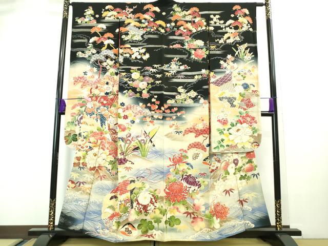 平和屋着物■極上　アンティーク　大正ロマン　振袖　駒刺繍　乱菊　水辺吉祥花文　黒地　暈し染め　金彩　逸品　DZAA8507kh5