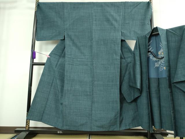 平和屋着物■極上　男性　紬　アンサンブル　キングサイズ　長羽織　濃い錆鉄御納戸色　羽裏・龍　逸品　DZAA8520kh5