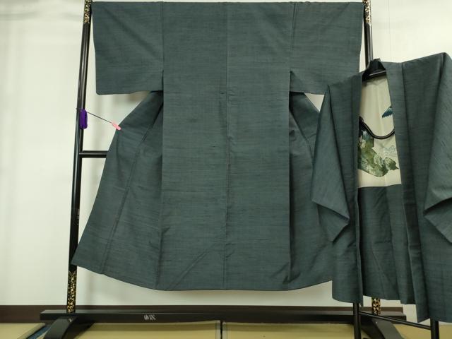 平和屋着物■極上　男性　紬　アンサンブル　色無地　藍墨茶色　羽裏・鳥　逸品　DZAA8533kh5