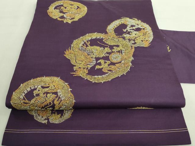 平和屋着物■極上　アンティーク　大正ロマン　九寸名古屋帯　相良刺繍　総刺繍　龍　桑の実色地　金銀糸　逸品　DZAA8554kh5