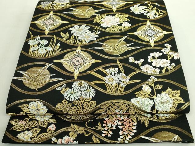 平和屋着物■極上　伝統工芸士　染の匠美　六通柄袋帯　唐織　草花文　黒地　金糸　逸品　DZAA8567kh5