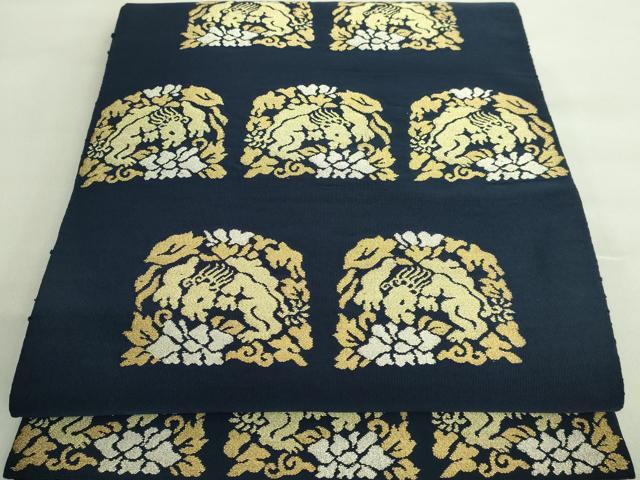 平和屋着物■極上　綴れ　太鼓柄袋帯　名物裂　金襴　金銀糸　鉄紺色地　逸品　DZAA8569kh5