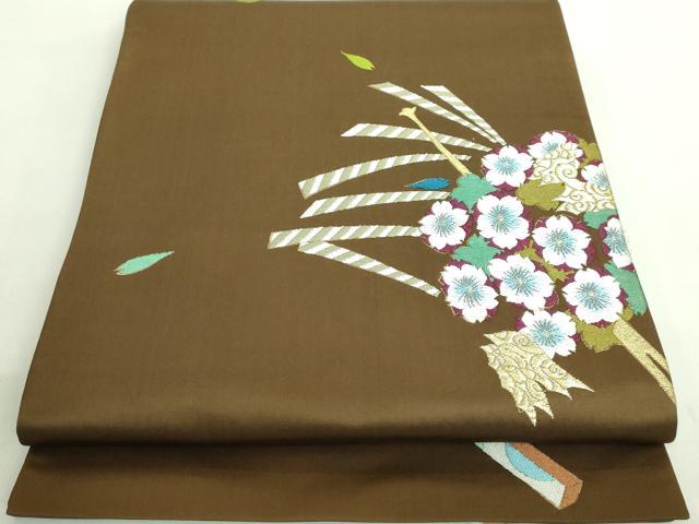 平和屋着物■極上　世界的人形師　辻村寿三郎　ジュサブロー　六通柄袋帯　唐織　舞桜　簪　薄い憲法黒茶色地　金糸　逸品　DZAA8575kh5