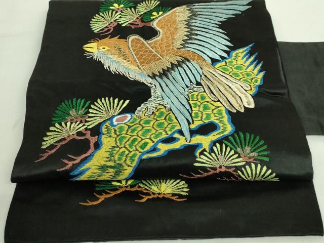 平和屋着物■極上　アンティーク　大正ロマン　九寸名古屋帯　総手刺繍　鷹　黒地　金糸　逸品　DZAA8590kh5