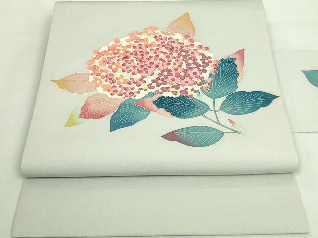 平和屋着物■極上　本加賀友禅作家　押田正義　塩瀬　九寸名古屋帯　紫陽花　薄梅鼠色地　逸品　DZAA8595kh5