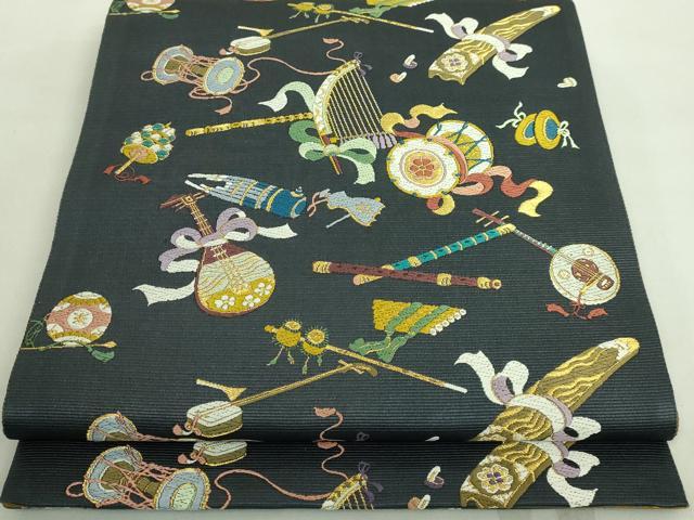 平和屋着物■極上　西陣の老舗　1782年創業　山下織物　六通柄袋帯　唐織　楽器文　羊羹色地　金糸　逸品　DZAA8598kh5